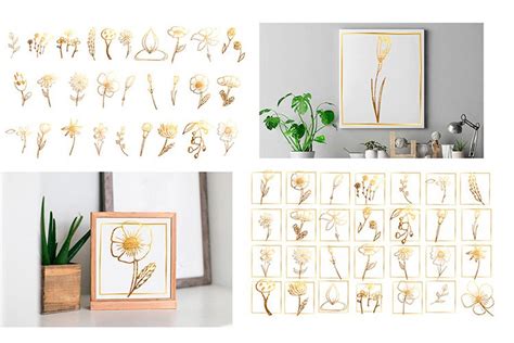 Golden Flowers Frame Clipart Twig Flower SVG PNG JPEG