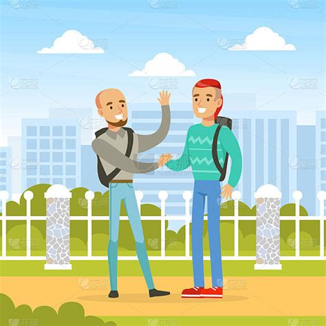 遇见两个朋友，最好的朋友永远，两个家伙握手，男性友谊概念卡通矢量插图