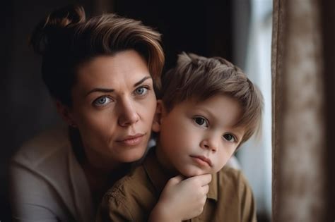 Premium Ai Image Portrait Of A Mother And Her Little Son At Home Created With Generative Ai
