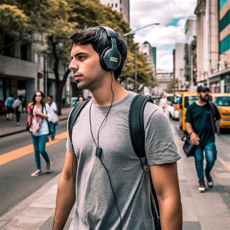 Premium Ai Image A Man Wearing Headphones Stands On A Street With