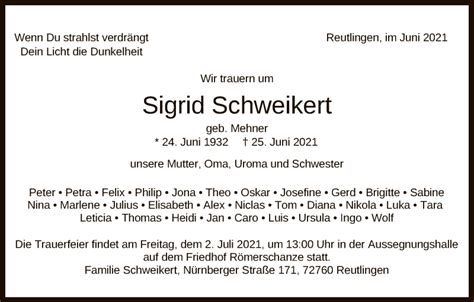 Traueranzeigen Von Sigrid Schweikert Trauer Gea De