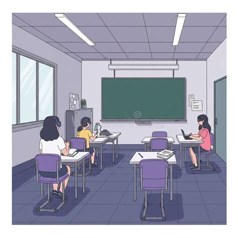 Classroom Scene With Three Students Seated At Desks Each Engaged With
