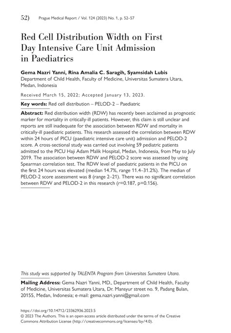 Pdf Red Cell Distribution Width On First Day Intensive Care Unit Admission In Paediatrics