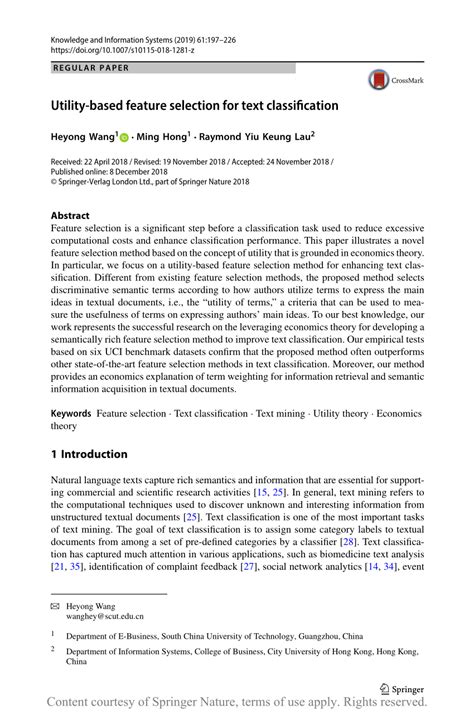 Utility Based Feature Selection For Text Classification