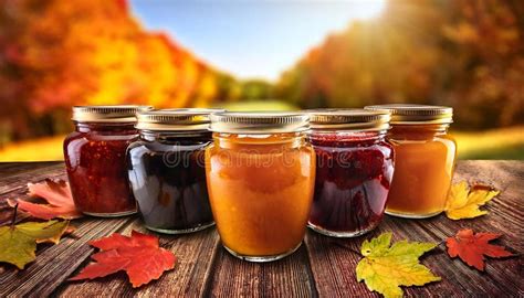 Homemade Jam Varieties On A Rustic Wooden Table Surrounded By Colorful
