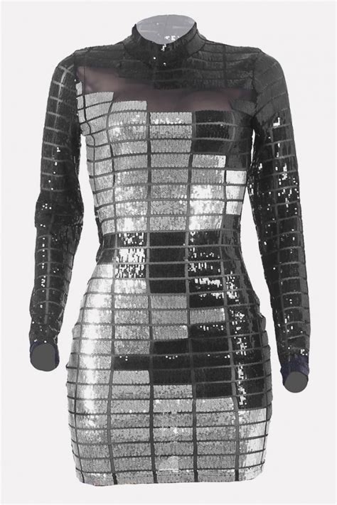 Glamorous Sparkle Black Sequin Mock Neck Long Sleeve Bodycon Dress