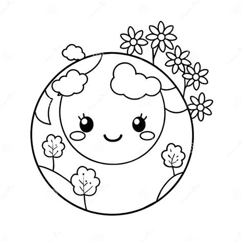 Cute Kawaii Cartoon Earth Outline Image For Coloring Stock Illustration