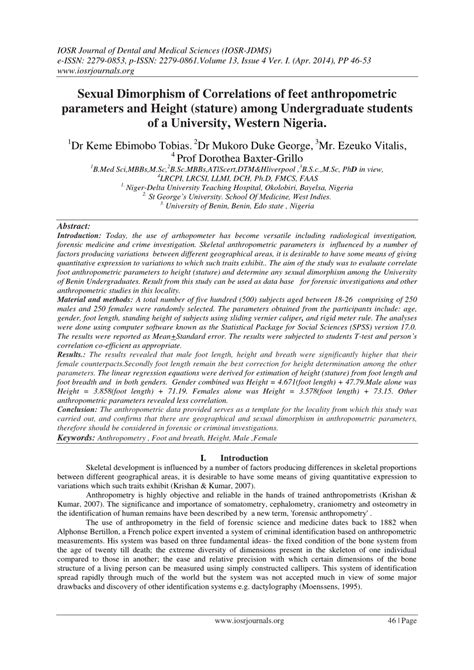 Pdf Sexual Dimorphism Of Correlations Of Feet Anthropometric Parameters And Height Stature