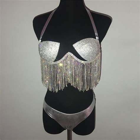 Queenline Bling Rhinestones Bikini Set Chic Halter Link Chain Tassels
