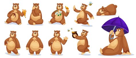 Cute Brown Bear Character Engaged In Different Vector Image