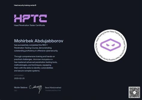 Cybersec Pentest Certificate Hptc Haad Cybersecurity Redteam Mokhirbek Abdujabbarov