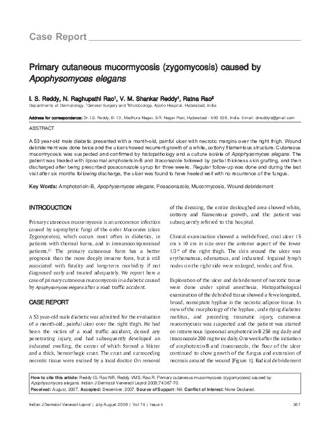 Pdf Primary Cutaneous Mucormycosis Zygomycosis Caused By