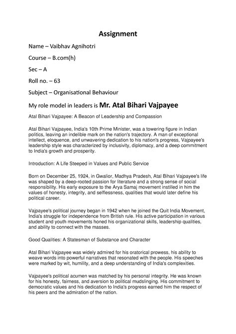 Ob Assignment Assignment Name Vaibhav Agnihotri Course Bh Sec
