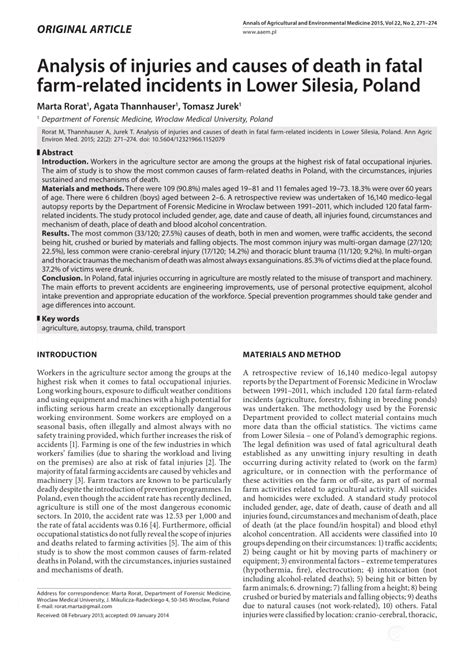 Pdf Analysis Of Injuries And Causes Of Death In Fatal Farm Related