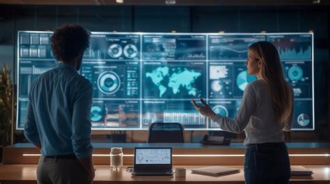 Premium Photo Professionals Analyzing Global Data On Large Screen Generative Ai