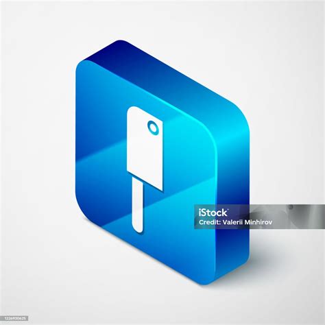 회색 배경에 격리 된 등각 칭호 고기 헬기 아이콘입니다 고기 부엌 칼입니다 정육점 칼 파란색 사각형 버튼입니다 벡터 일러스트레이션 3차원 형태에 대한 스톡 벡터 아트 및