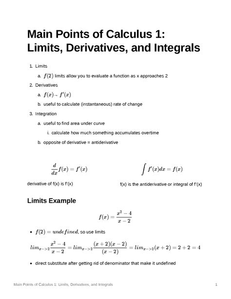 Solution Main Points Of Calculus 1 Limits Derivatives And Integrals