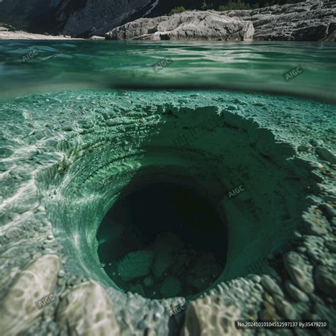 Ai创作图奇特的水洞 喷溢海底热泉出口 海水腐蚀的洞 八角壁裂池 碧绿翡翠海水 蓝洞 井立体画 密集的人工洞 画深渊立体画 水蓝色的洞穴