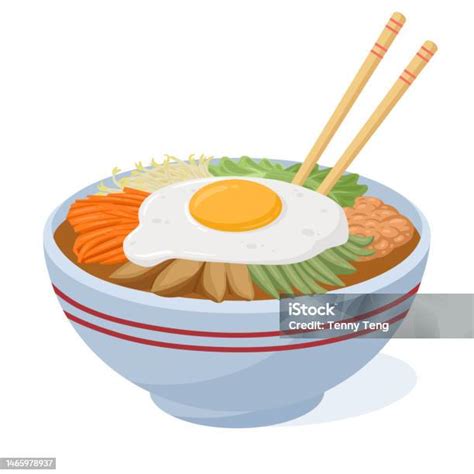 만화 아시아 음식 그릇입니다 일본 또는 한국 해산물 전통 아시아 요리 계란 후라이 수프 또는 밥 그릇 동양 요리 평면 벡터 그림