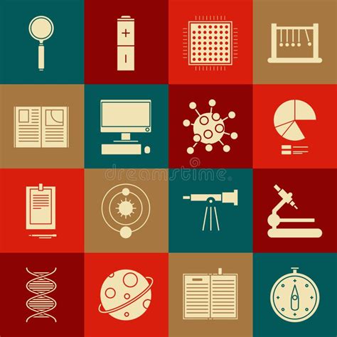 Set Compass Microscope Pie Chart Infographic Processor Computer Monitor With Keyboard And