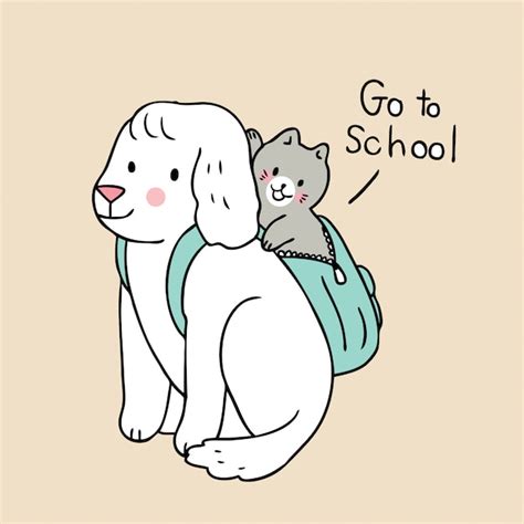 Dessin Animé Mignon Retour à Lécole Chat Et Chien Aller à Lécole