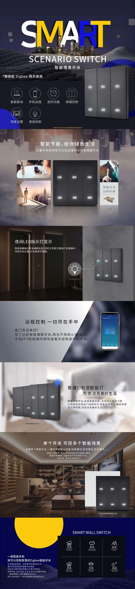 昀航智能家居zigbee按键灯光开关手机远程语音情景双控面板