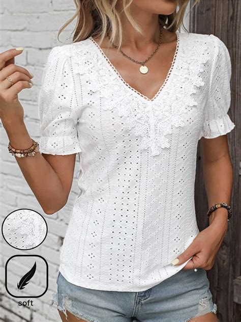 Lace Casual V Neck Plain T Shirt Zolucky