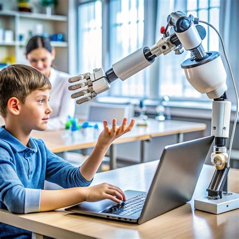 Robot Arm Touches Human Hand In Science Classroom Robotics Programing