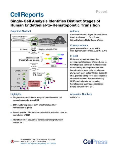 Pdf Single Cell Analysis Identifies Distinct Stages Of Human Endothelial To Hematopoietic