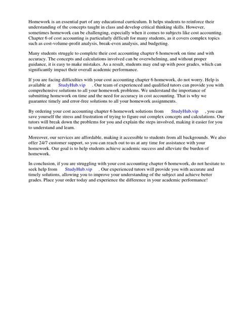Cost Accounting Chapter 6 Homework Solutions Pdf Homework Publishing