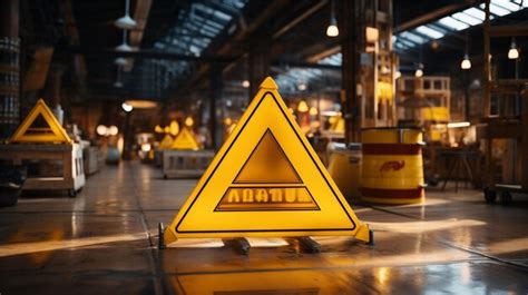 Premium Photo Yellow Warning Sign On The Floor In A Factory 3d Rendering