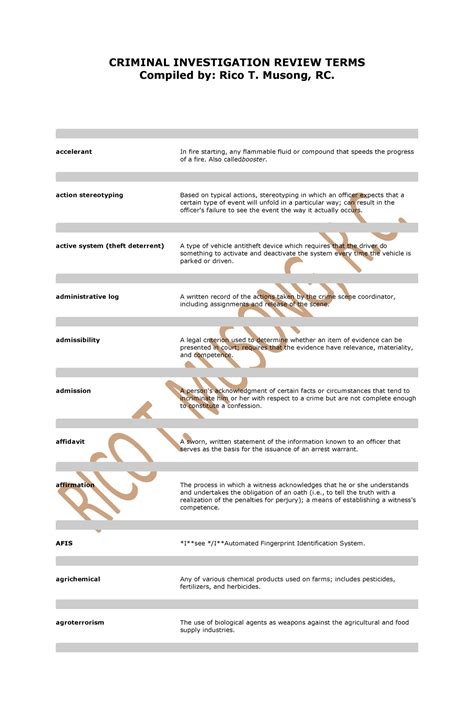 Criminal Investigation Glossary Criminal Investigation Review Terms