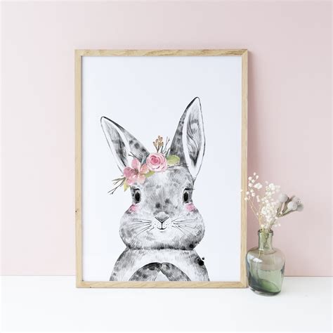 Floral Woodland Bunny Rabbit Girls Nursery Bedroom Wall Art Decor