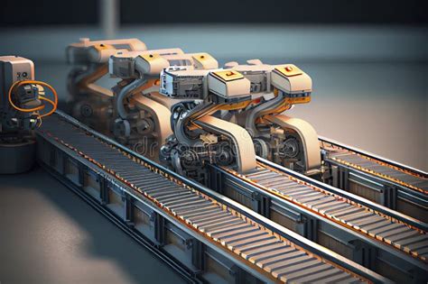 3d Rendering Robotic Machines With Conveyor Line Stock Illustration Illustration Of Automation