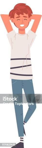 남자 학생 에 캐주얼 옷 서 있는 와 손 뒤에 그의 머리 벡터 일러스트 남성에 대한 스톡 벡터 아트 및 기타 이미지 남성