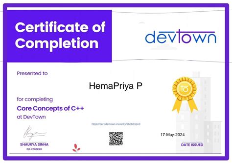 completed c course with devtown hema priya posted on the topic