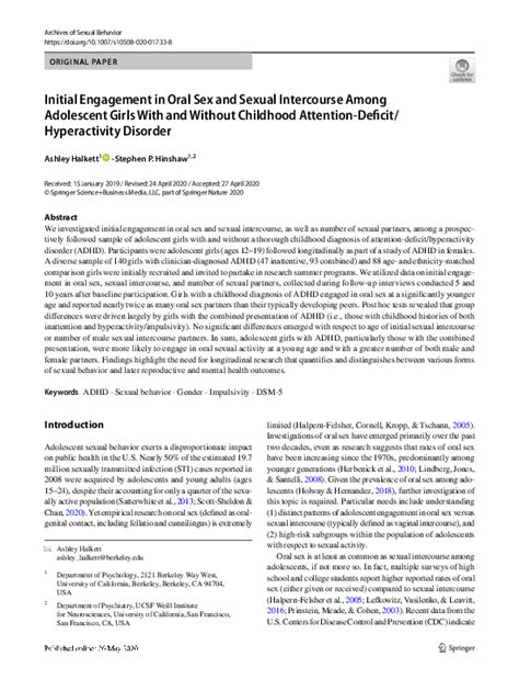 Pdf Initial Engagement In Oral Sex And Sexual Intercourse Among