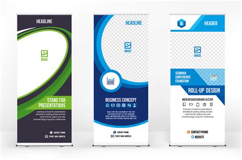 롤업 배너 템플릿 최신 휴대용 스탠드 롤업 광고 프리젠 테이션 용 배너 컨퍼런스 전시회 제품 홍보 및 광고를위한 모바일 디자인 배너 0명에 대한 스톡 벡터 아트 및 기타