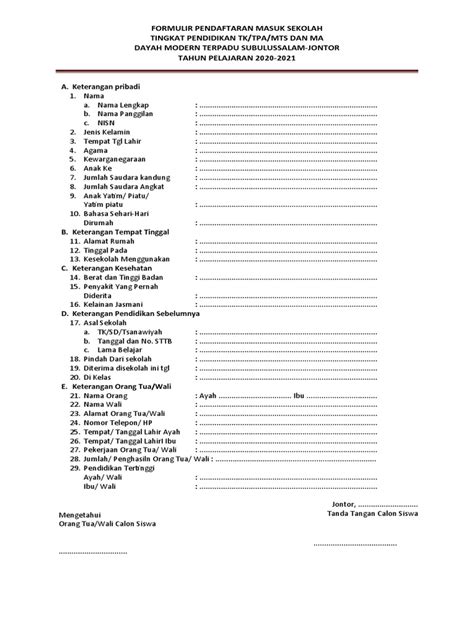 Formulir Penerimaan Santri Baru Pdf