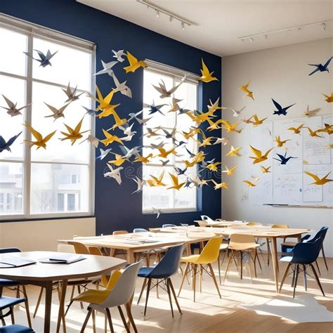 A Bright Modern Classroom Or Workspace With Yellow And Blue Chairs