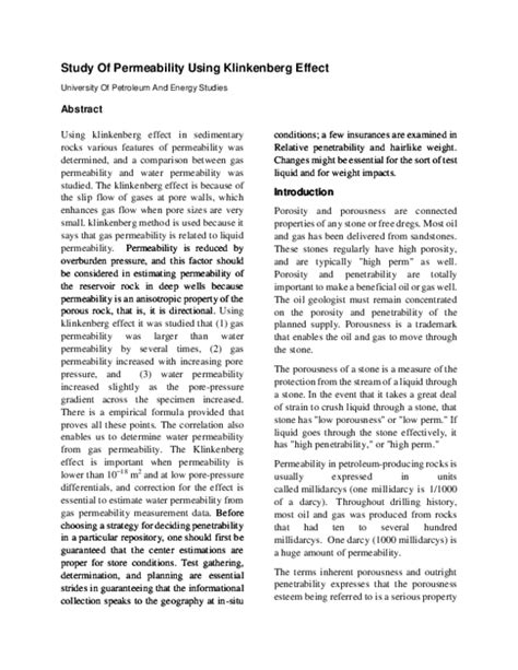 Doc Study Of Permeability Using Klinkenberg Effect