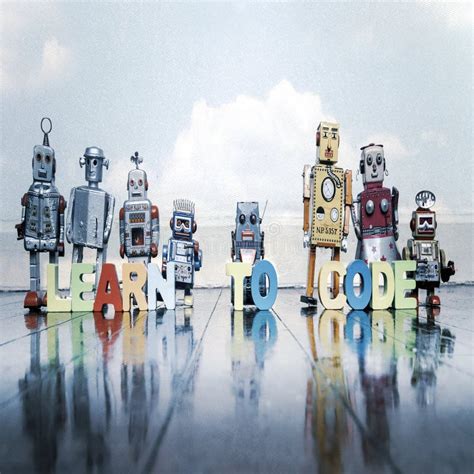 Learn To Code Wooden Letters And Retro Robot Toys Stock Image Image