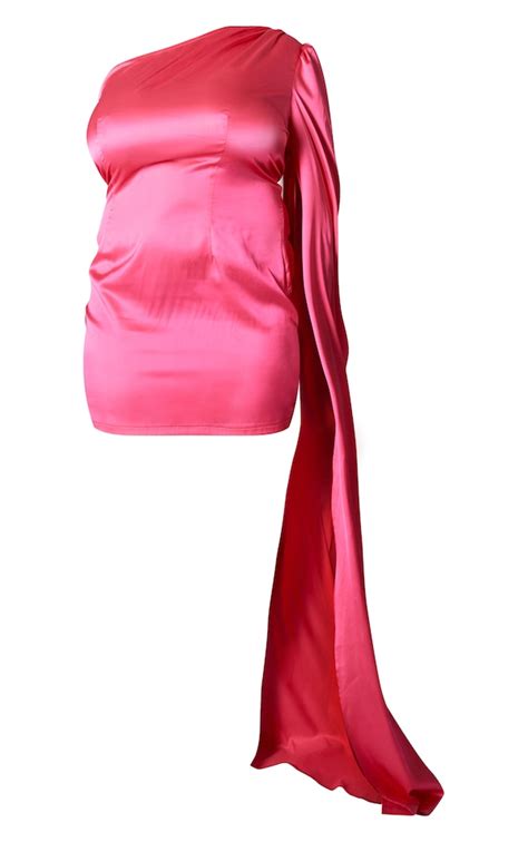 Plus Hot Pink Satin Extreme Sleeve Bodycon Dress Plus Size