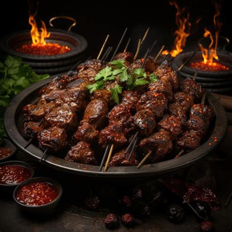 Premium Ai Image Lahem Meshwi Grilled Skewers Or Chunks Of Marinated And Seasoned Lamb