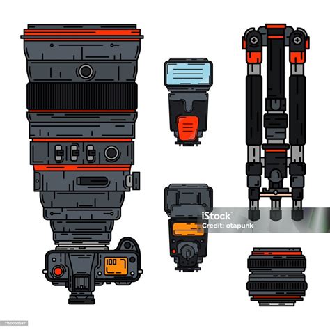컬러 벡터 아이콘 세트 디지털 사진 작가 전문 장비 사진 예술 사진 삼각대 카메라 다양한 렌즈 플래시 만화 스타일 일러스트 요소 디자인 스냅 샷 사진 스튜디오 겉창에 대한