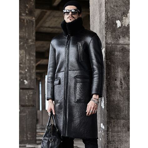 2019 New Mens Black Sheepskin Coat B3 Shearling Jacket Long Fur Coat