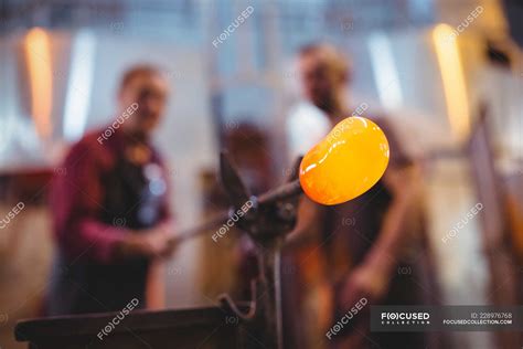 Glassblowers Shaping A Molten Glass At Glassblowing Factory — Workers