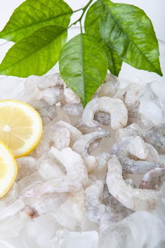 신선한 레몬과 녹색 잎을 곁들인 얼음 큐브에 껍질을 벗긴 새우 껍질 벗긴에 대한 스톡 사진 및 기타 이미지 껍질 벗긴 새우