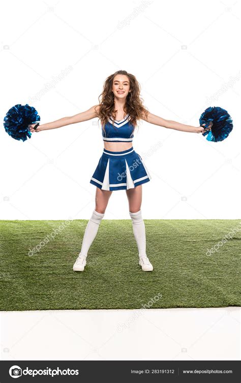 Sexy Happy Cheerleader Girl Blue Uniform Pompoms Green Carpet Isolated