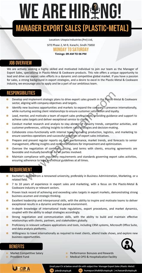 Utopia Industries Pvt Ltd Jobs Manager Export Sales